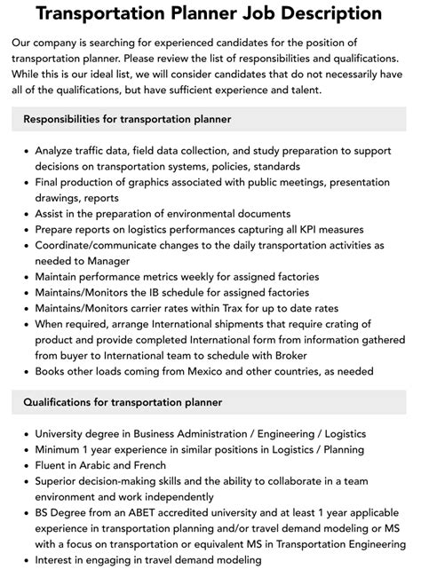 Transportation Planner Job Description Velvet Jobs