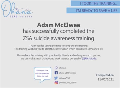 Just Took 15 Minutes Out Of My Afternoon To Complete The Ohana Zsa Suicide Prevention Course