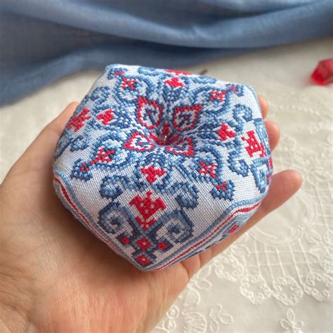 Biscornu Pincushion Cross Stitch Pattern Blue And Red Floral Pdf