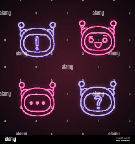 Robot Emojis Neon Light Icons Set Chatbot Emoticons Chat Bot Notification And Faq Laughing