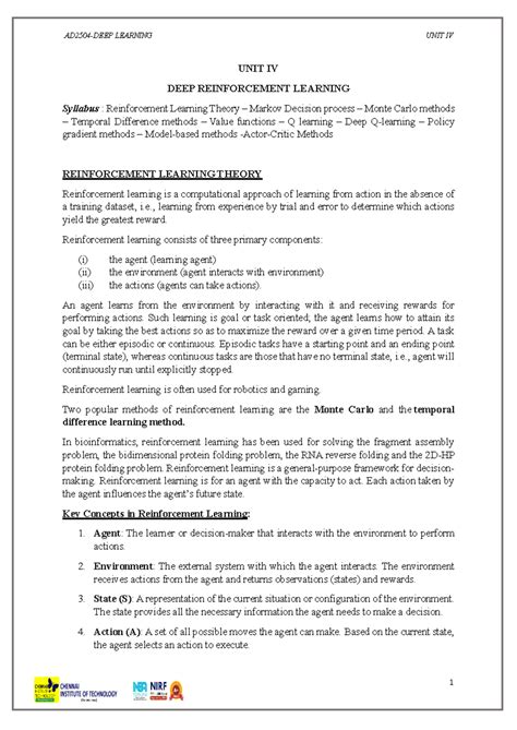 Dl Unit Iv Notes For The Dl Lectures Unit Iv Deep Reinforcement