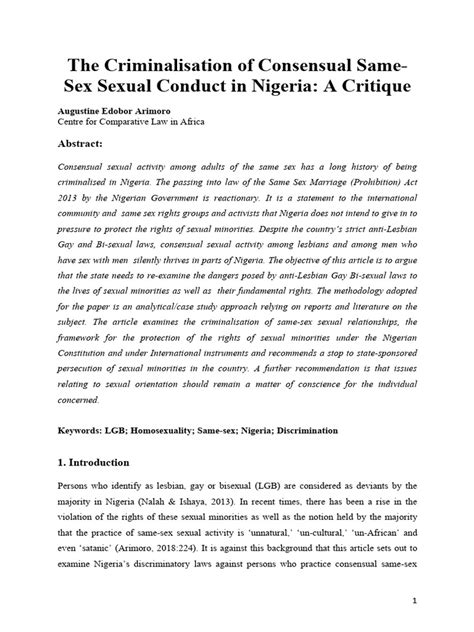 Arimoro The Criminalization Of Consensual Same Sex Sexual Conduct In Nig Pdf