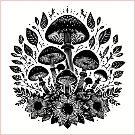 A Black And White Drawing Of Mushrooms And Leaves Premium Ai