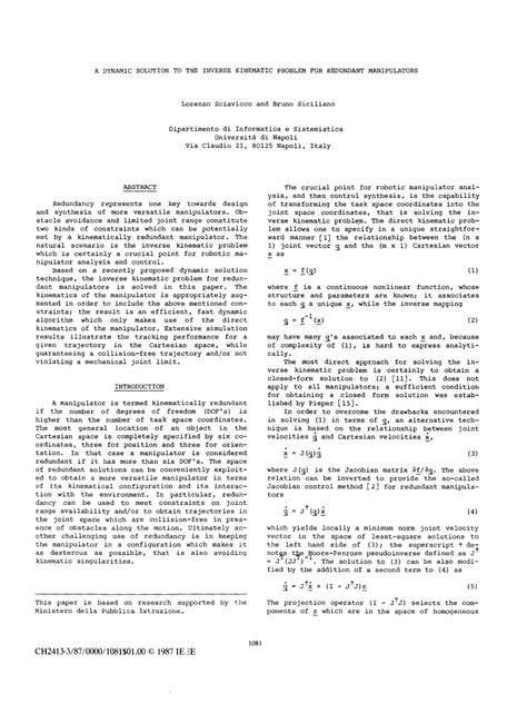 Pdf A Dynamic Solution To The Inverse Kinematic Problem For Redundant Manipulators