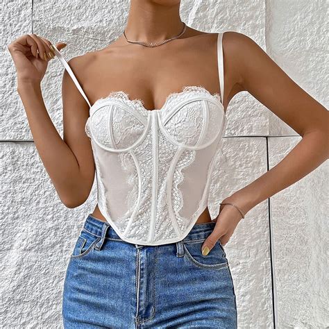 Sexy Eyelash Lace Underwire Bustier Sheer Mesh Corset Tank Top White