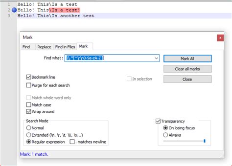 notepad bookmark line containing specific character and starting in the