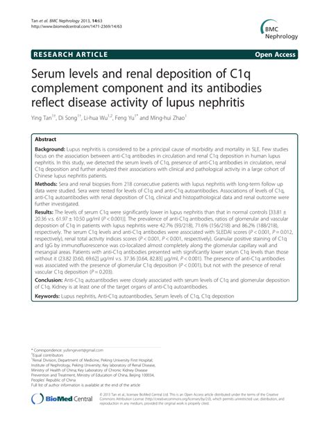 Pdf Serum Levels And Renal Deposition Of C1q Complement Component And