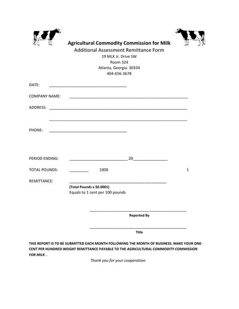 Georgia United States Milk Additional Assessment Remittance Form