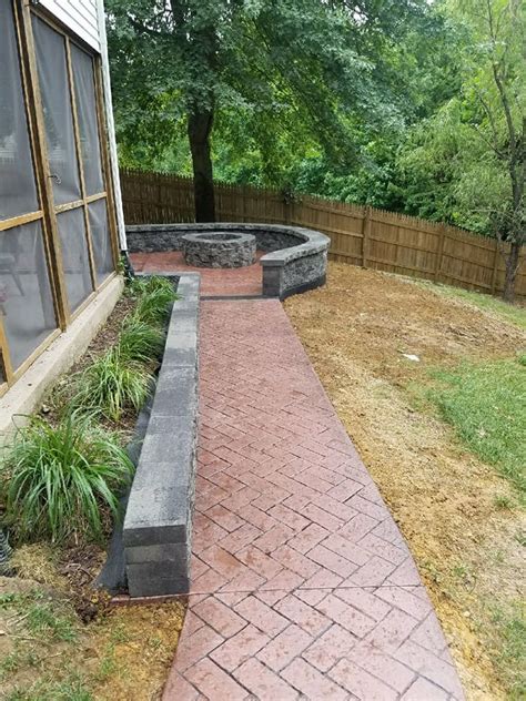 W Stamped Concrete Patio Walkway Block Wall And Block Fire Pit