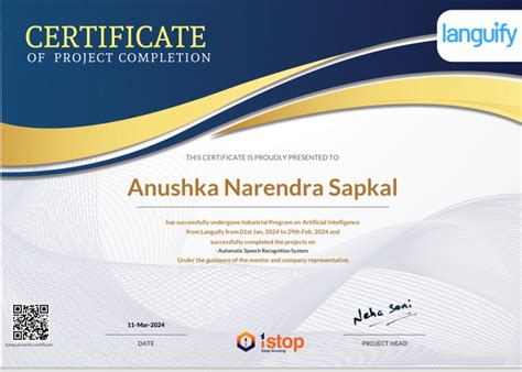 Anushka Sapkal On Linkedin Im Happy To Share My Project Complition Certificate By 1stopai