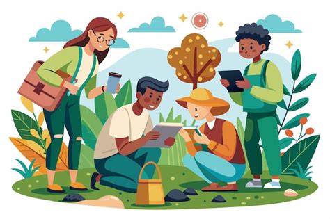 Students Analyzing Soil Samples For Ecological Studies Vector