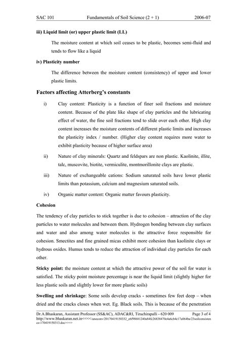 Soil Consistence Cohesion Adhesion Plasticity Atterbergs