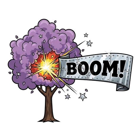 Cartoon Tree Exploding With Comic Book Style Boom Effect Sign Stock