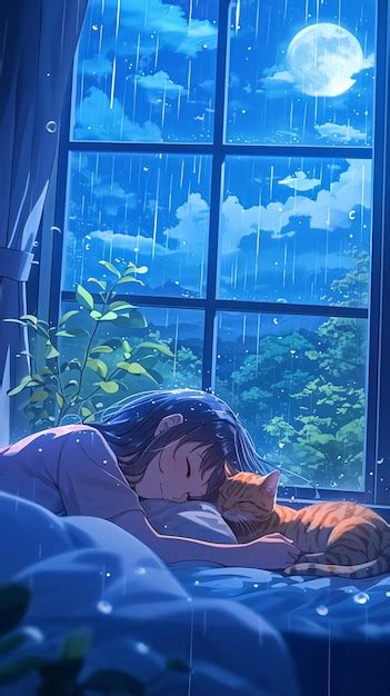 Premium Photo Anime Scene Of A Woman Sleeping In Bed With A Cat
