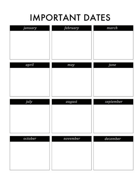 Important Dates Printable Calendar