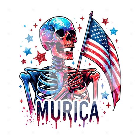Murica Vibrant Skeleton Holding American Flag With Stars And Sparkles