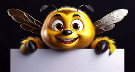 Cute Cartoon Style Bee Holding A Blank Whiteboard On Black Background