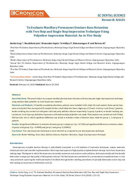 Pdf To Evaluate Maxillary Permanent Denture Base Retention With Two
