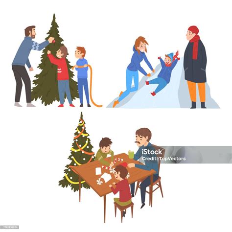 겨울 휴가를 준비하고 축하하는 사람들 크리스마스 트리를 장식하는 남자 여성 및 어린이 언덕 아래로 슬라이딩 함께 좋은 시간을 보내고 벡터 일러스트 레이션 나무에 대한 스톡