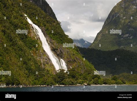 New Zealand Milford Sound Waterfall In Fiordland National Park And
