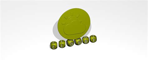 개념 의미와 슬라이드 쇼 프리젠 테이션을위해 거울 바닥에 금속 입방 문자로 정렬 된 벽과 텍스트에 아이콘과 함께 흐린 3d 표현 하늘과 파란색 0명에 대한 스톡 사진 및