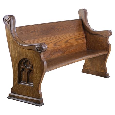 Hand Carved Solid Oak Church Pew Quatrefoil Floral Details For Sale At