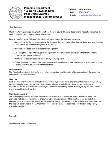 Inyo County California Code Enforcement Complaint Form Fill Out Sign Online And Download Pdf