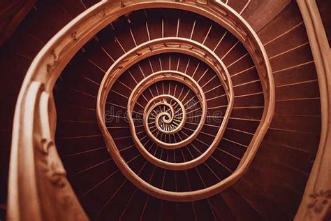 Top View Of Steep Spiral Stairs With Railings Along Edge Stock