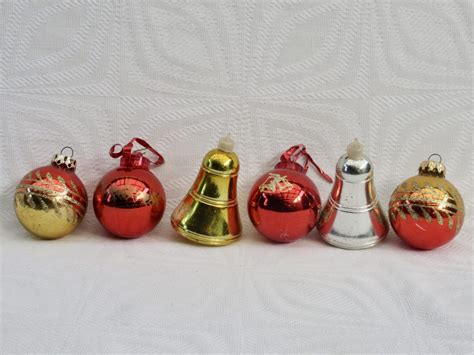 Vintage 80s Christmas Decorations X6 Red Gold Baubles Bells Plastic Glass