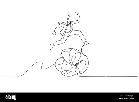 Cartoon Of Businessman Jumping Over Messy Line Metaphor Of Overcoming