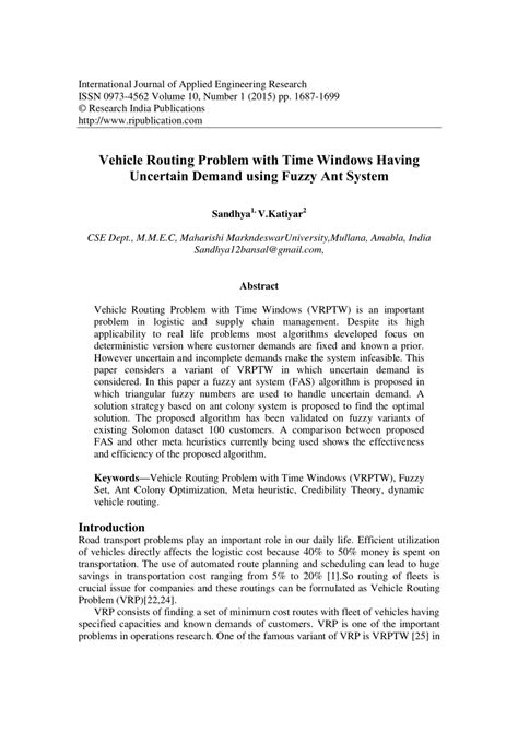 Pdf Vehicle Routing Problem With Time Windows Having Uncertain Demand