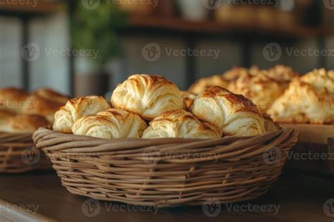 Freshly Baked Croissants In Wicker Basket On Rustic Bakery Counter