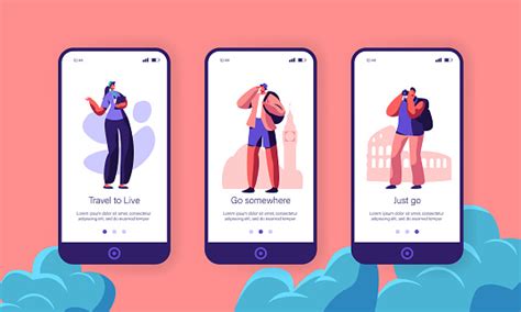 웹 사이트 또는 웹 페이지에 대 한 개념을 여행 하는 남성과 여성 사람들 남자와 여자 관광객 배낭 주문 여행 투어 모바일 앱 페이지 온보드 화면 설정 만화 평면 벡터