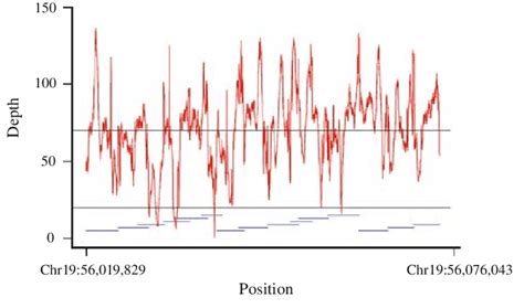 coverage and sequence depth over the 56 kb region sequenced on