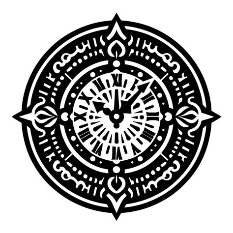 Ornate Black And White Compass Rosestyle Clock Face Featuring Arabic Calligraphy And Roman