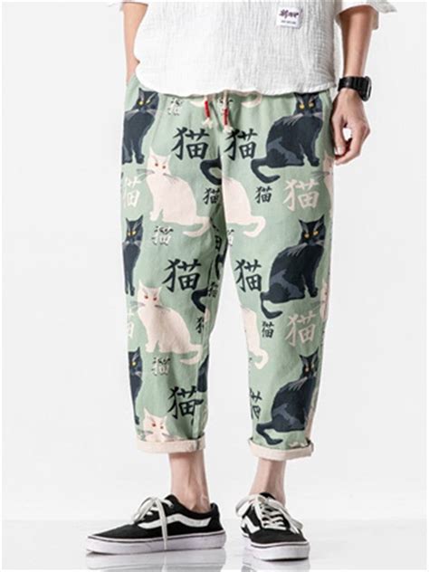 Cats Printed Casual Cropped Pants Zen Clothing White And Black Cat