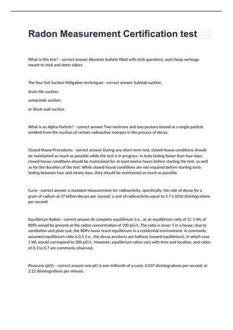 Radon Measurement Certification Test Correctly Answered 100 Radon