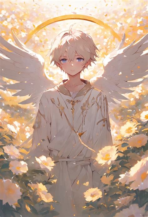 Anime Angel With Halo And Golden Halo Surrounded By Flowers Seaart Ai