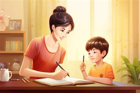 Premium Photo Mother Helping Her Son To Do Homework At Home Education