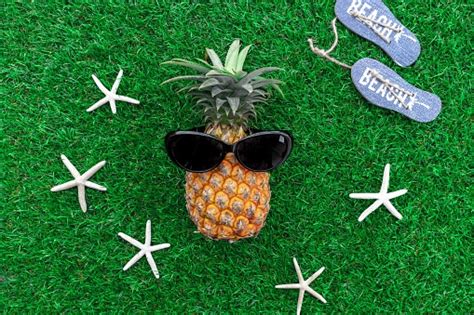 여름 개념 플랫 누워 잔디 배경에 선글라스와 열 대 과일 파인애플 포함 위한 Copyspace 텍스트 또는 그래픽 추가 개인 장식품에 대한 스톡 사진 및 기타 이미지