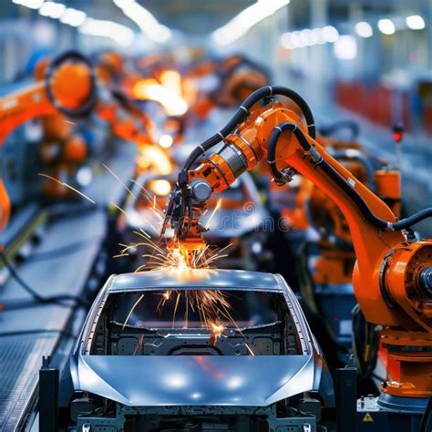 Robotic Arms Welding Car Frames On An Assembly Line In A Factory Setting Stock Image Image Of