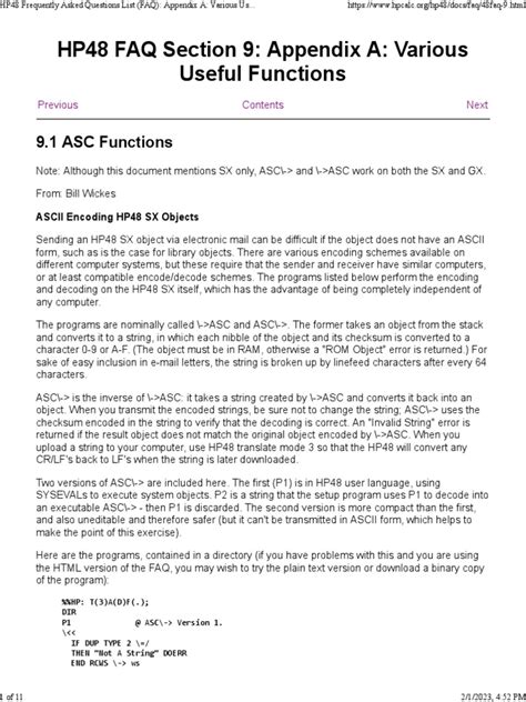Hp48 Frequently Asked Questions List Faq Appendix A Various Useful Functions Pdf String