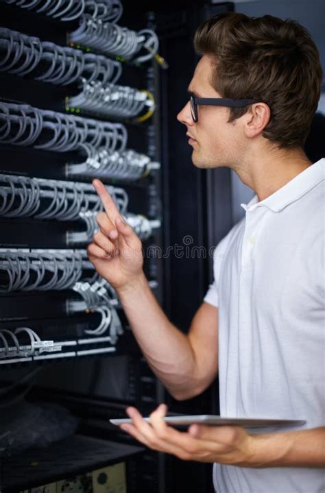 Server Room Information Technology And Man With Tablet Check Connectivity And Night Job