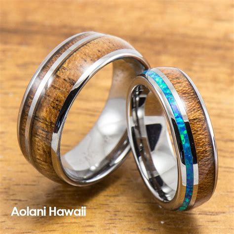 Tungsten Koa Wood Wedding Band Set With Opal Inlay 6mm 8mm Width