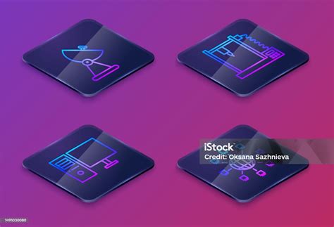 아이소 메트릭 라인 레이더 컴퓨터 모니터 3d 프린터 및 소셜 네트워크를 설정합니다 파란색 사각형 버튼입니다 벡터 0명에 대한 스톡 벡터 아트 및 기타 이미지 Istock