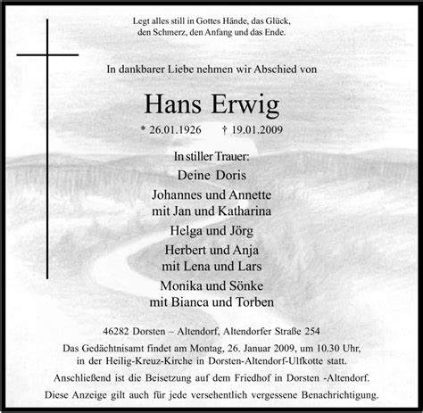 Traueranzeigen Von Hans Erwig Trauer In Nrw De