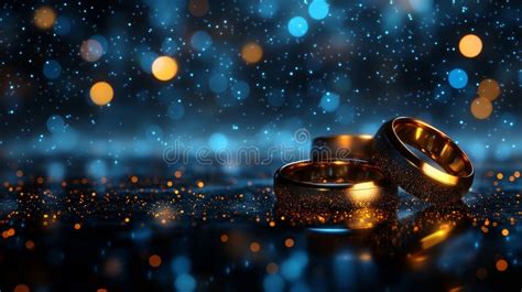 Golden Wedding Rings On Sparkling Blue Glitter Background Romantic Symbol Of Love And
