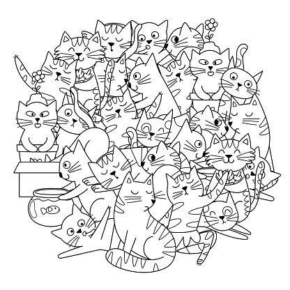 Cute Cats Circle Shape Coloring Page Doodle Mandala With Funny Feline