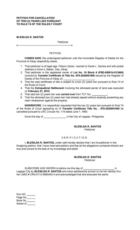 Petition For Cancellation Of 2 Year Lien Under Rule 74 Studocu