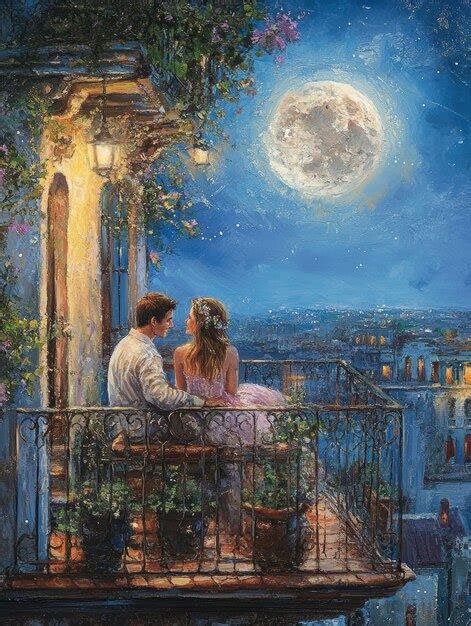 Romantic Couple Enjoying A Starry Night On A Balcony With Full Moon